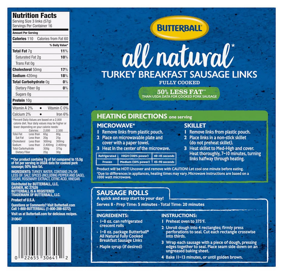 Butterball All Natural Frozen Turkey Breakfast Sausage Links, 2 lbs ...