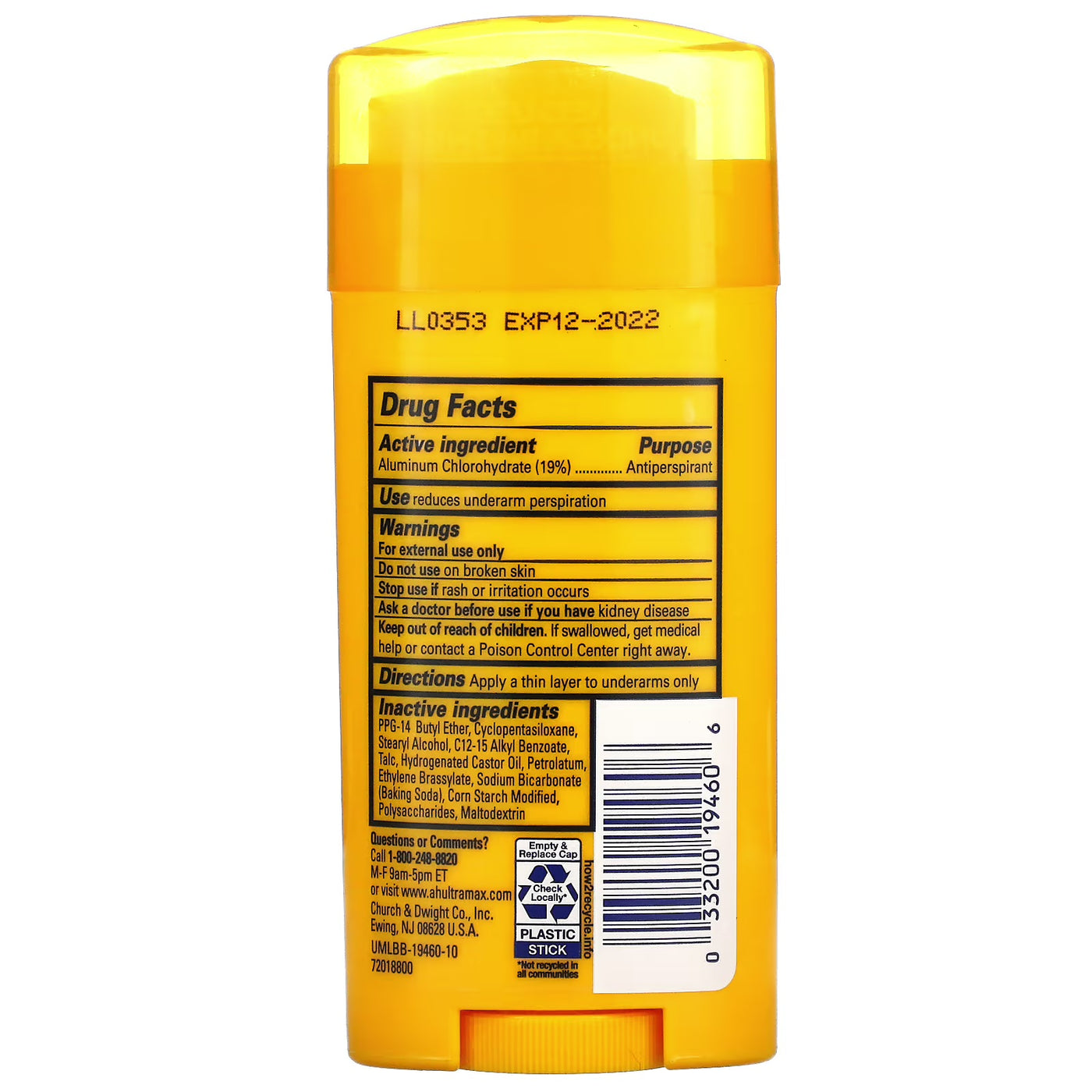 Arm & Hammer UltraMax, Solid Antiperspirant Deodorant, Unscented, 2.6 ...