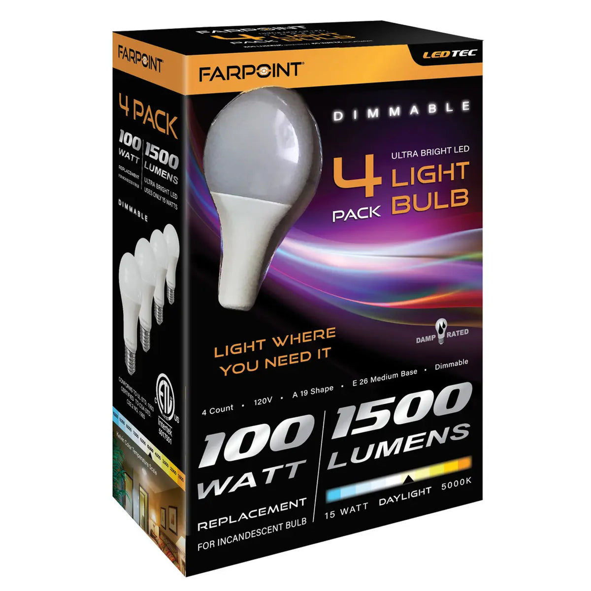 Farpoint Dimmable 100-Watt Ultra Bright LED Light Bulbs, 4-Pack, 1500 ...