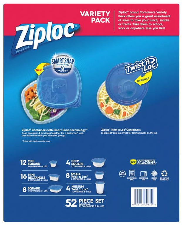 Ziploc Smart Snap Food Storage Containers, Variety Pack , 52 pcs ...