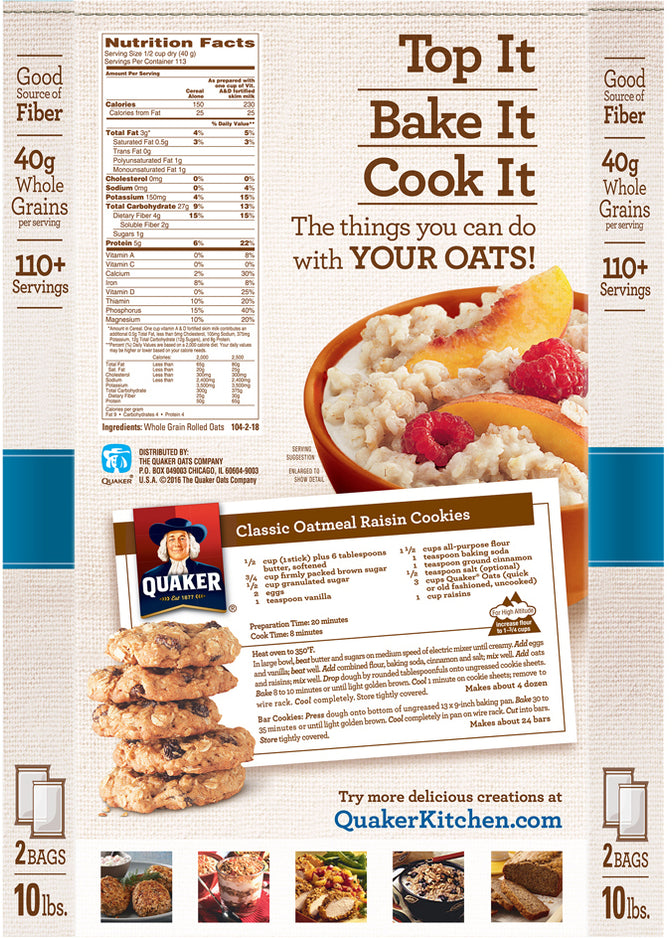 Quaker Oats, Quick 1-minute, 100% Whole Grain Oats, 2 bags - 5 lbs ...
