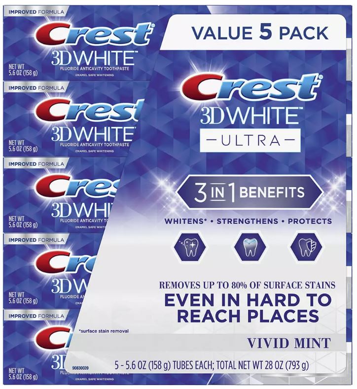 Crest 3D White Ultra Whitening Toothpaste, 5-Pack , 5 x 5.6 oz — Goisco.com