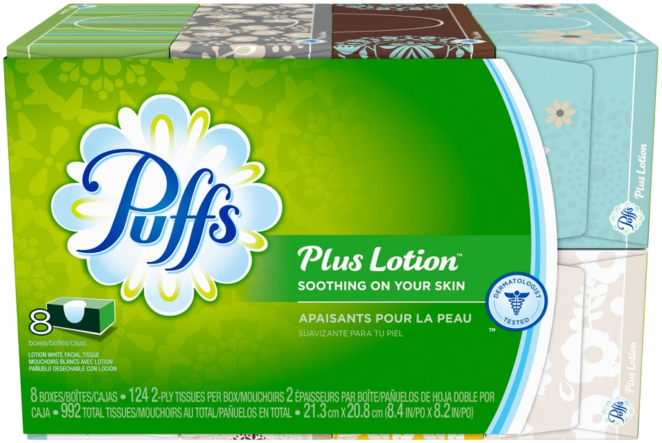 Puffs Plus Lotion White Facial Tissue Value Pack, 124 2-ply sheets, 8 ...