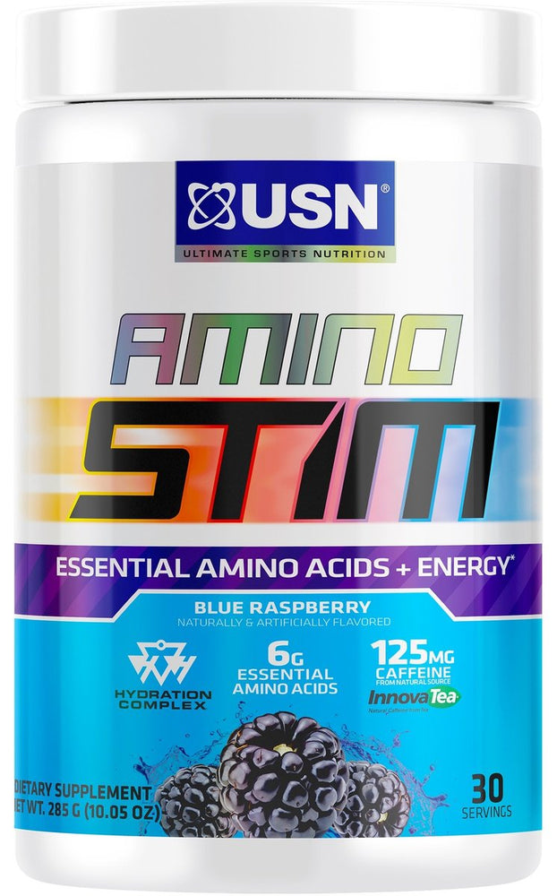 USN Amino Stim Essential Amino Acids + Energy, Blue Raspberry Flavor ...