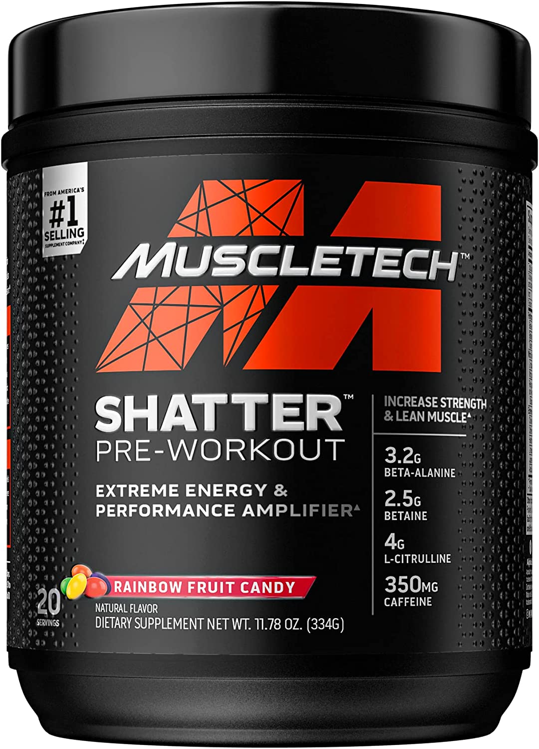 Muscletech Shatter Pre-Workout, Rainbow Fruit Candy Flavor, 20 Serving ...