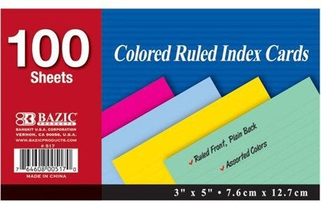 Bazic Ruled Color 3 x 5 Inch Index Card, 100 ct — Goisco.com