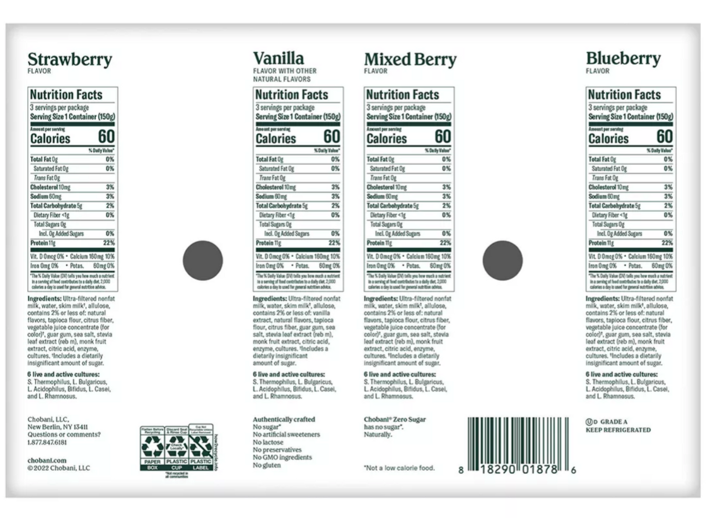 Chobani Zero Sugar Greek Yogurt, Variety Pack , 12 x 5.3 oz — Goisco.com