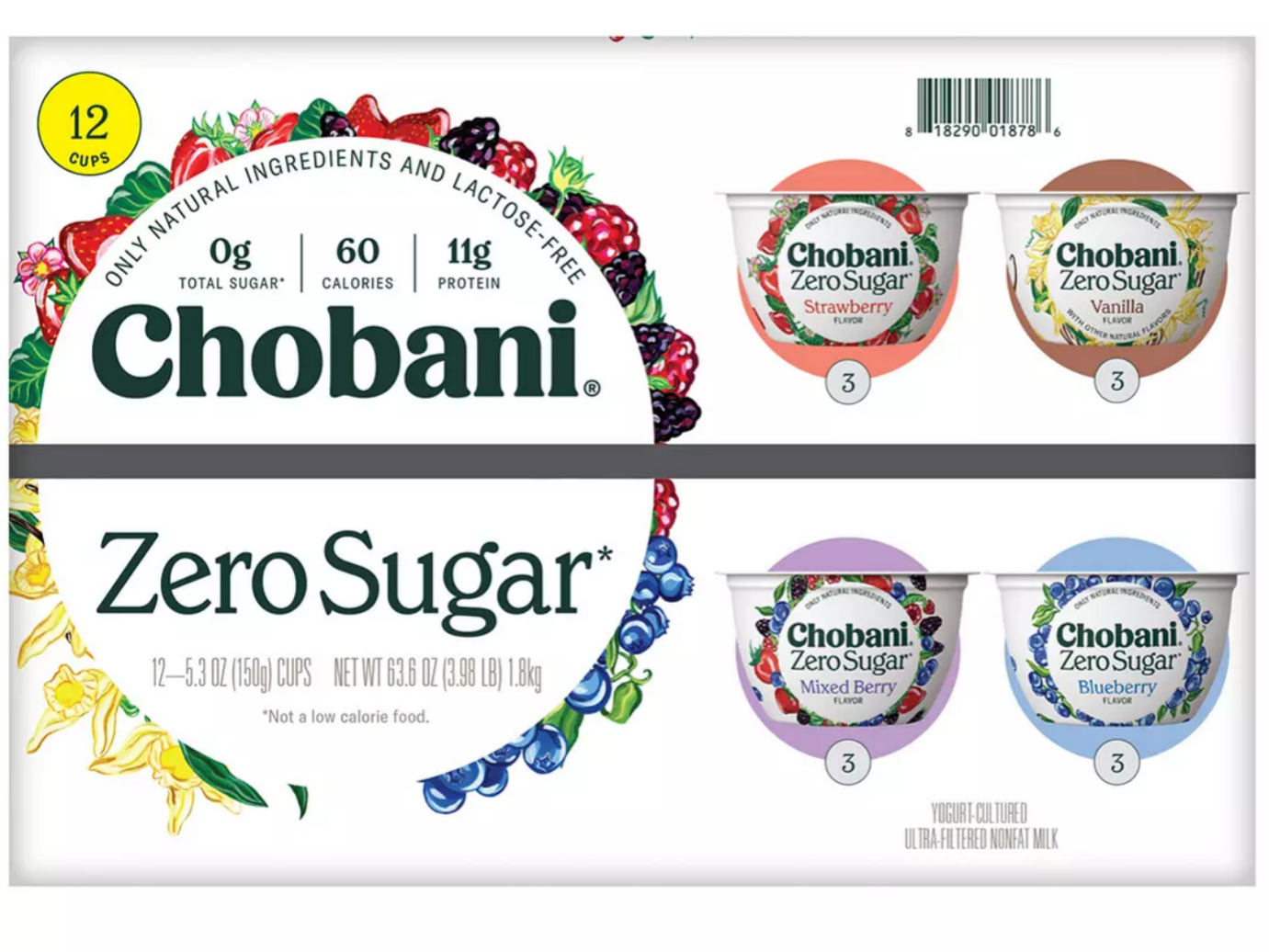 Chobani Zero Sugar Greek Yogurt, Variety Pack , 12 x 5.3 oz — Goisco.com