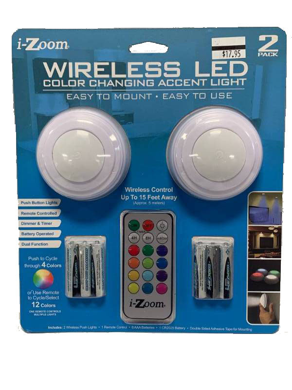 i-Zoom Wireless LED Color Changing Accent Light With Remote, 2-Pack, 2 ...