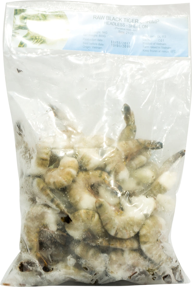 Raw Black Tiger Shrimp, Headless, Shell On, Size 21/25 — Goisco.com
